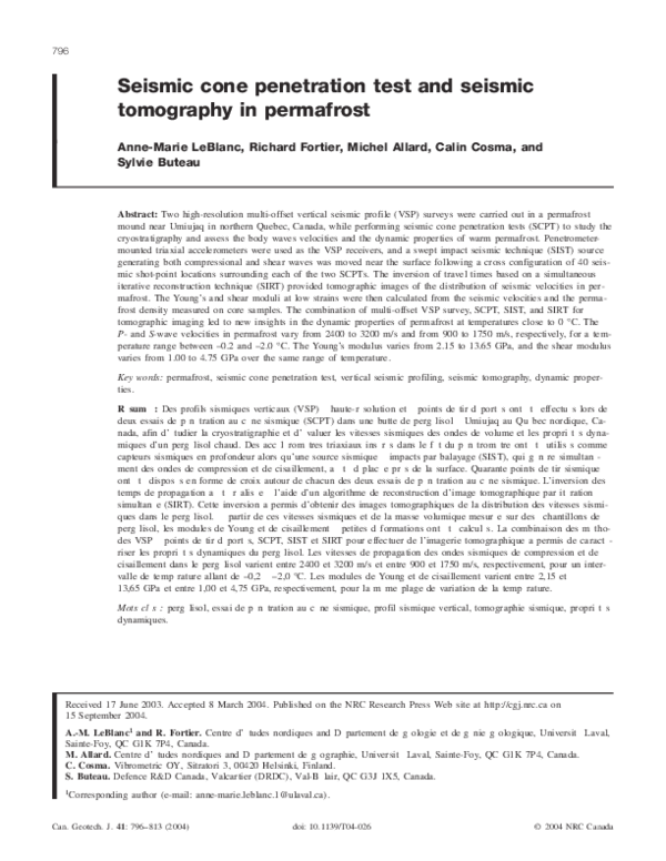(PDF) Seismic cone penetration test and seismic tomography in permafrost