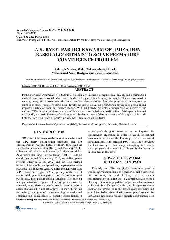 Pdf A Survey Particle Swarm Optimization Based Algorithms To Solve Premature Convergence Problem