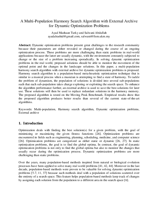 (PDF) A multi-population harmony search algorithm with external archive for dynamic optimization ...