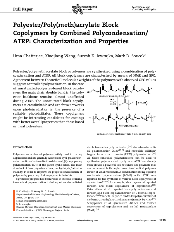 Pdf Polyester Poly Meth Acrylate Block Copolymers By Combined Polycondensation Atrp