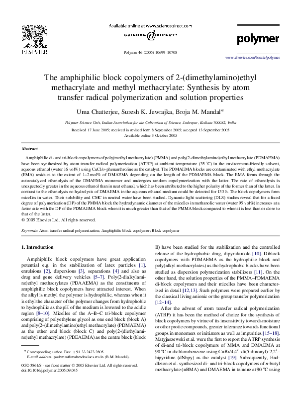 (PDF) The amphiphilic block copolymers of 2-(dimethylamino)ethyl methacrylate and methyl ...
