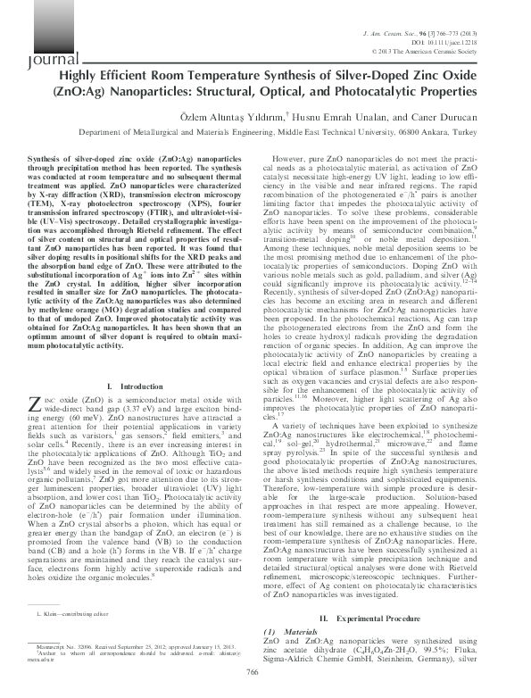 (PDF) Highly Efficient Room Temperature Synthesis of Silver‐Doped Zinc ...