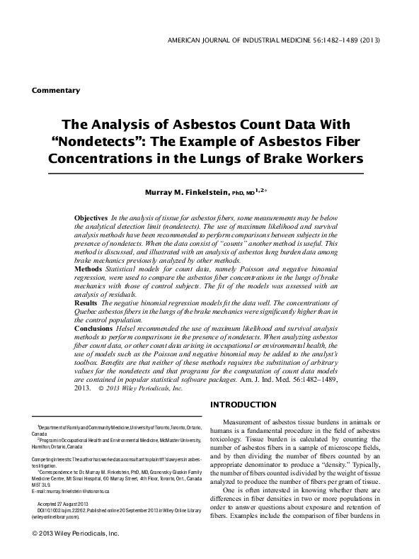 (PDF) The analysis of asbestos count data with “nondetects”: The ...