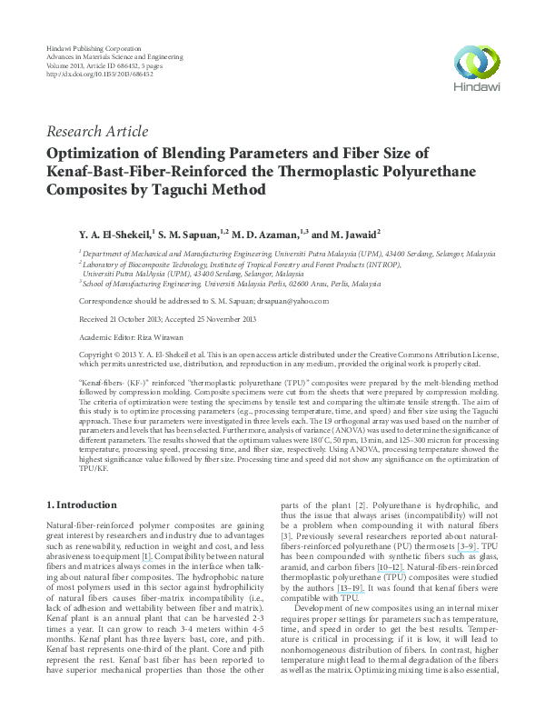 Pdf Optimization Of Blending Parameters And Fiber Size Of Kenaf Bast Fiber Reinforced The