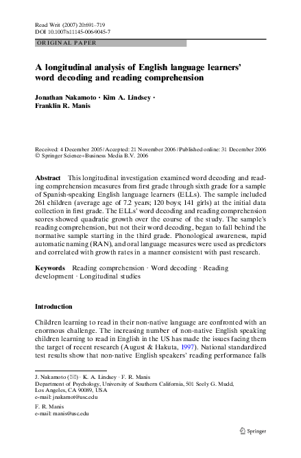 (PDF) A longitudinal analysis of English language learners’ word decoding and reading comprehension