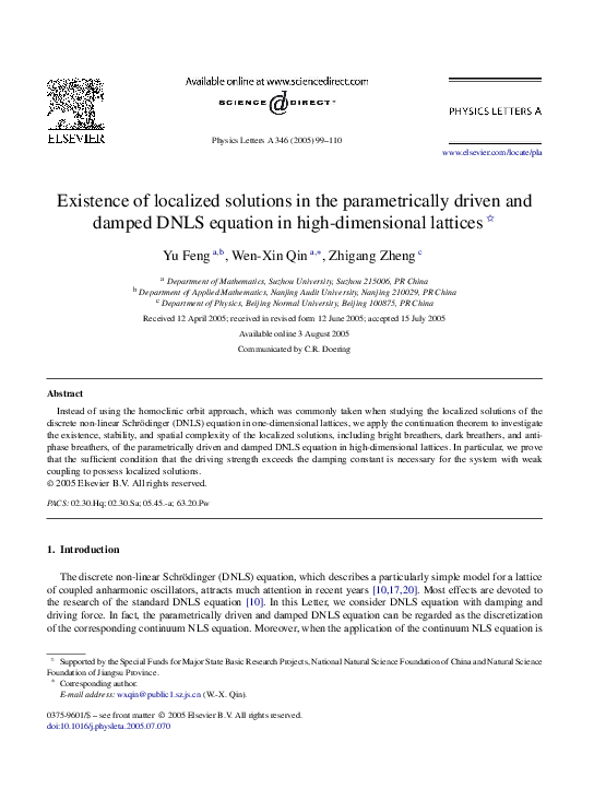 (PDF) Existence of localized solutions in the parametrically driven and damped DNLS equation in ...