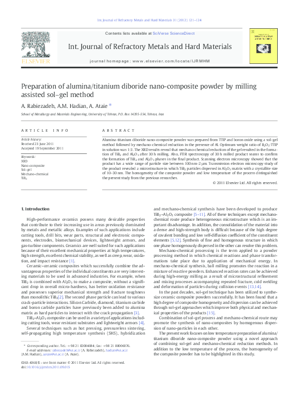 (PDF) Preparation of alumina/titanium diboride nano-composite powder by milling assisted sol–gel ...
