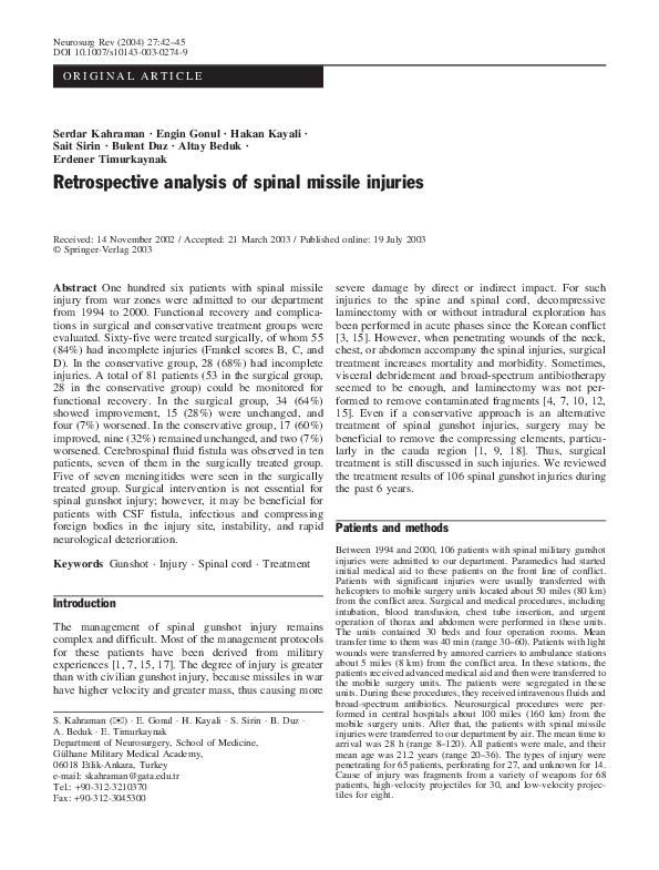 (PDF) Retrospective analysis of spinal missile injuries