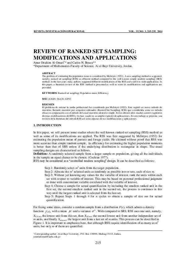 Pdf Review Of Ranked Set Sampling Modifications And Applications