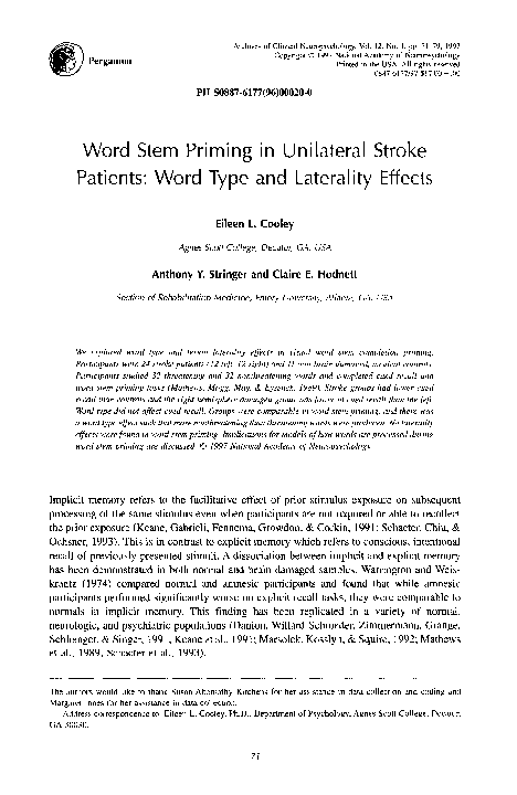 (PDF) Word stem priming in unilateral stroke patients: Word type and laterality effects