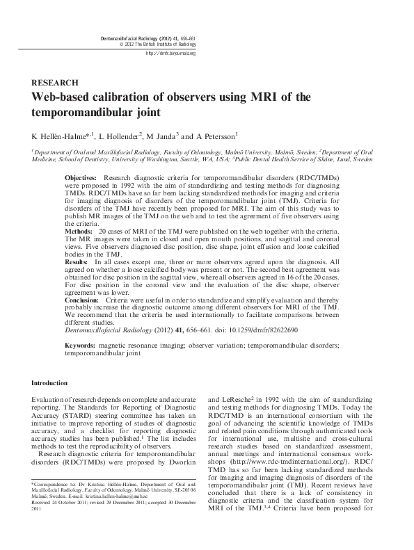Pdf Web Based Calibration Of Observers Using Mri Of The Temporomandibular Joint