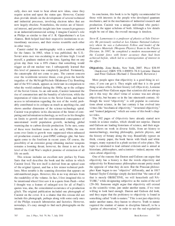 (PDF) Review of Daston and Galison, "Objectivity"