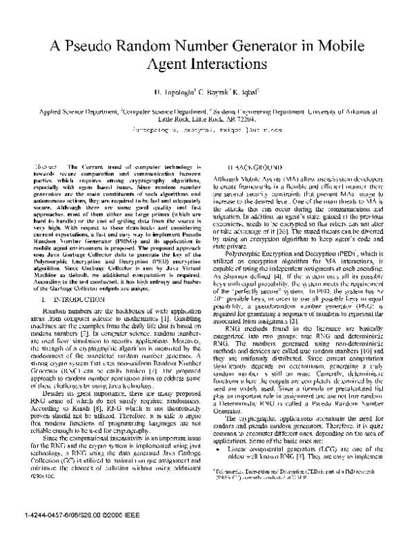 (PDF) A Pseudo Random Number Generator in Mobile Agent Interactions