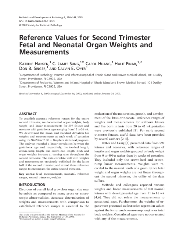 (PDF) Reference Values for Second Trimester Fetal and Neonatal Organ ...
