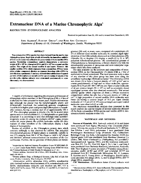 (PDF) Extranuclear DNA of a Marine Chromophytic Alga : RESTRICTION ...