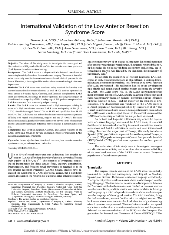 (PDF) International Validation of the Low Anterior Resection Syndrome Score