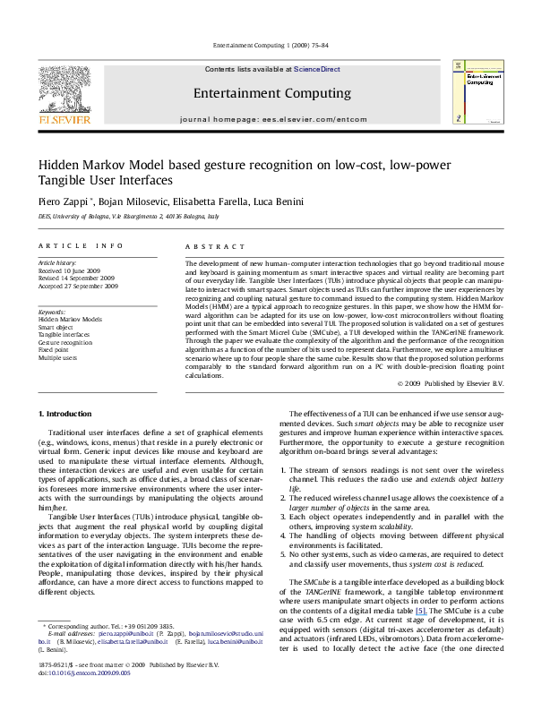 (PDF) Hidden Markov Model based gesture recognition on low-cost, low-power Tangible User Interfaces