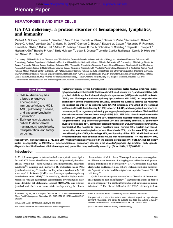 (PDF) GATA2 deficiency: a protean disorder of hematopoiesis, lymphatics ...