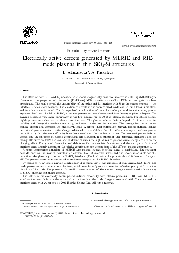 (PDF) Electrically active defects generated by MERIE and RIE-mode plasmas in thin SiO2-Si structures