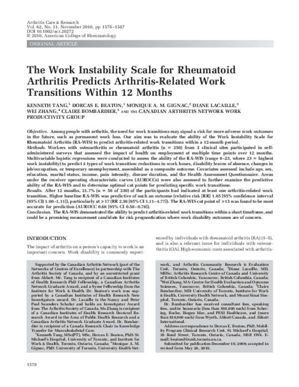 (PDF) The Work Instability Scale for rheumatoid arthritis predicts ...