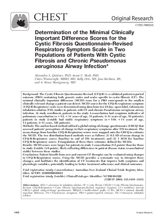 (PDF) Determination of the Minimal Clinically Important Difference Scores for the Cystic ...
