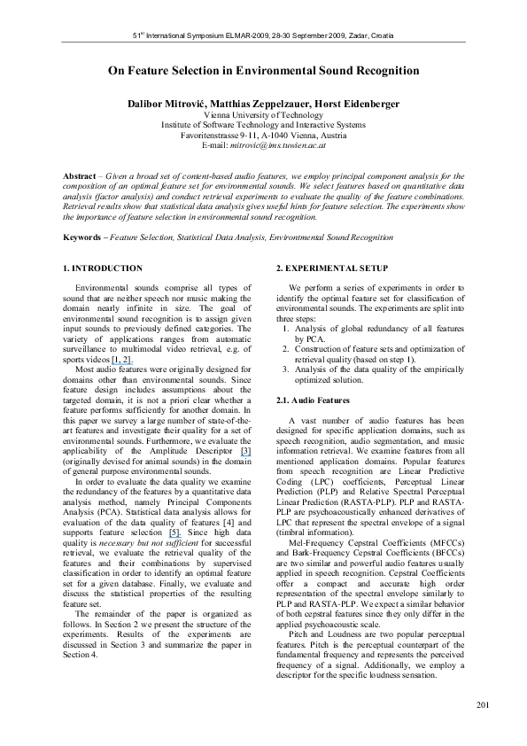 (PDF) On feature selection in environmental sound recognition