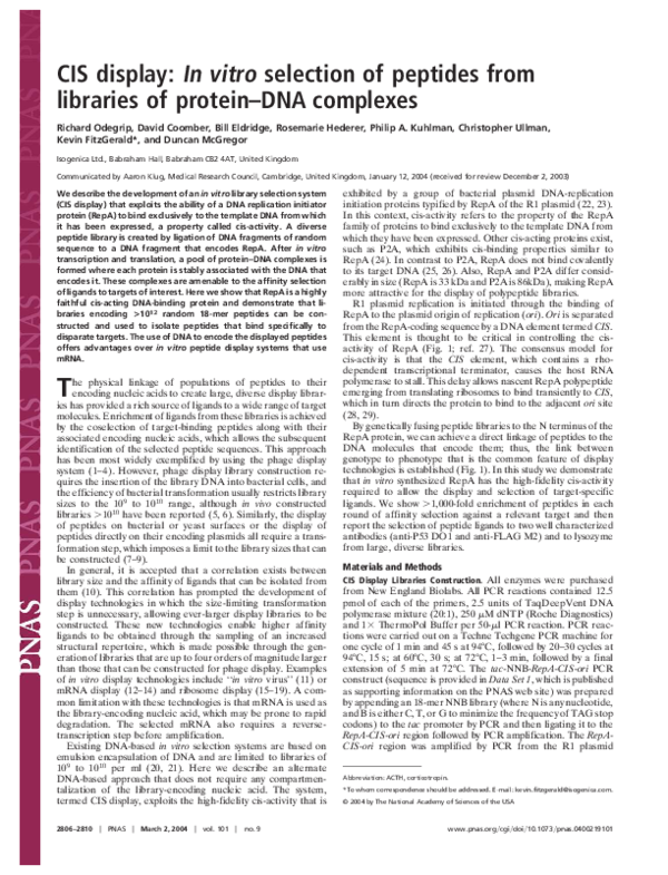 (PDF) CIS display: In vitro selection of peptides from libraries of ...