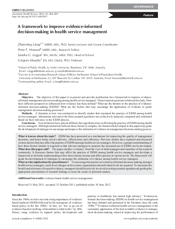 (PDF) A framework to improve evidence-informed decision-making in health service management