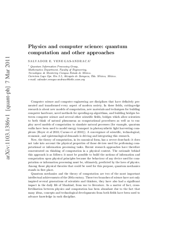 (PDF) Physics and computer science: quantum computation and other ...