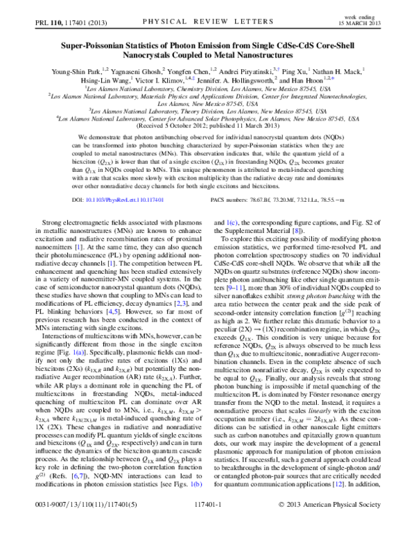 (PDF) Super-Poissonian Statistics of Photon Emission from Single CdSe ...