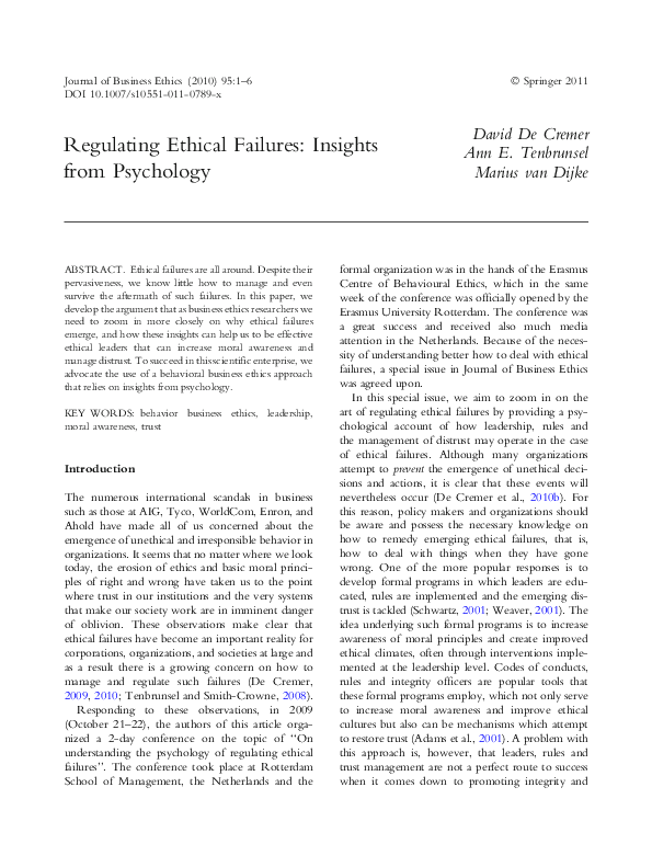(PDF) Regulating Ethical Failures: Insights from Psychology