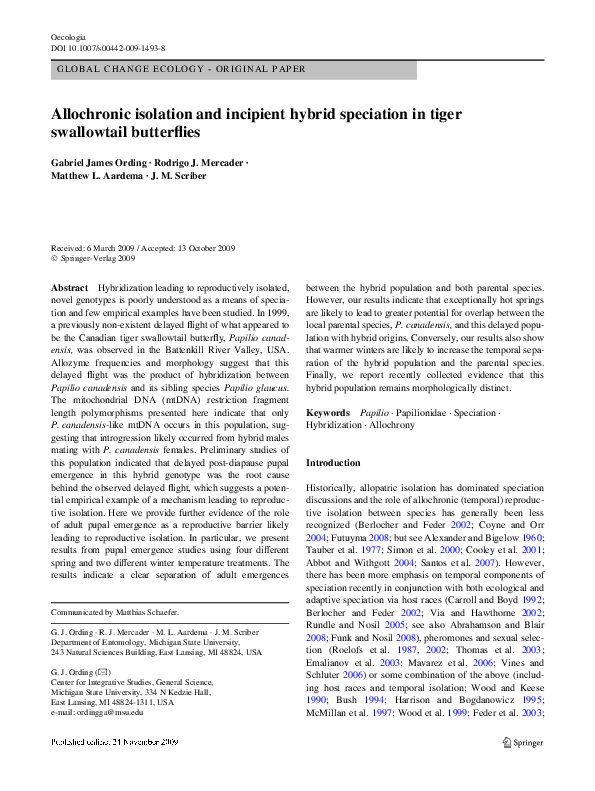 (PDF) Allochronic isolation and incipient hybrid speciation in tiger ...