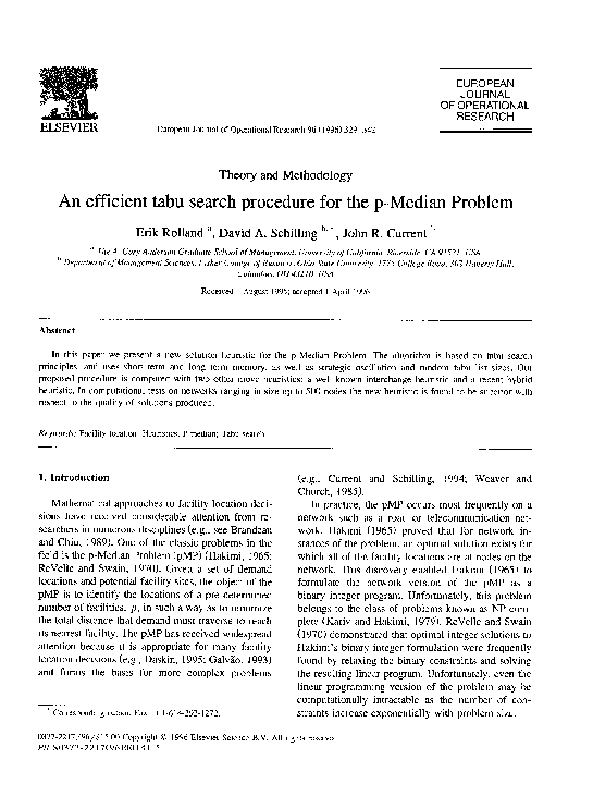 Pdf An Efficient Tabu Search Procedure For The P Median Problem