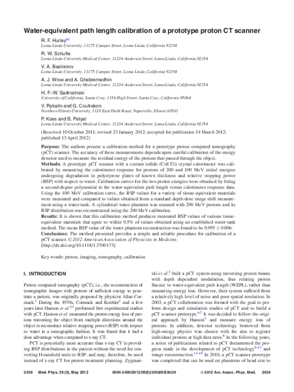 (PDF) Water-equivalent path length calibration of a prototype proton CT ...