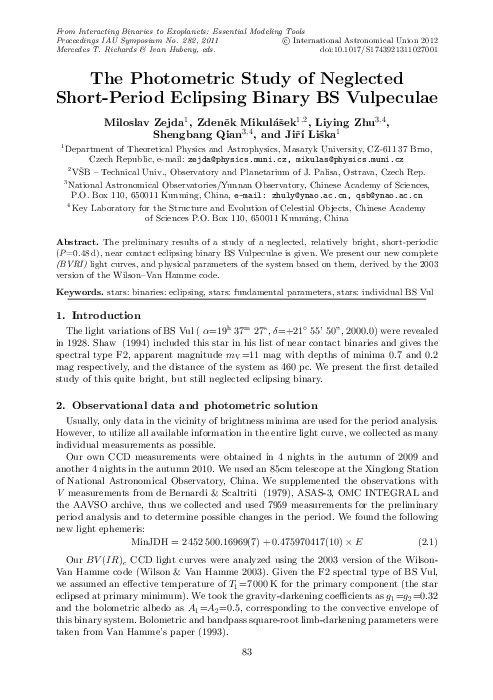 (PDF) The Photometric Study of Neglected Short-Period Eclipsing Binary BS Vulpeculae