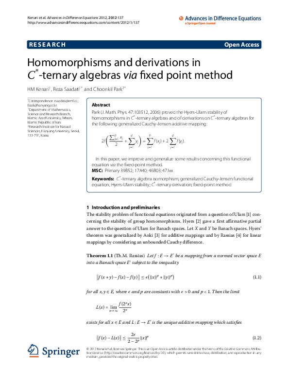 (PDF) Homomorphisms and derivations in C∗-ternary algebras via fixed point method