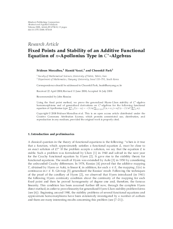 (PDF) Fixed Points and Stability of an Additive Functional Equation of 𝑛-Apollonius Type in 𝐶∗ ...