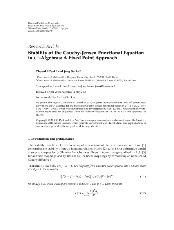 (PDF) Stability of the Cauchy-Jensen Functional Equation in -Algebras ...