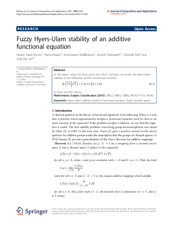 (PDF) Fuzzy Hyers-Ulam stability of an additive functional equation