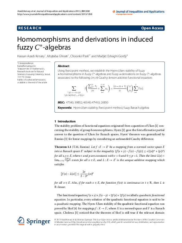 (PDF) Homomorphisms and derivations in induced fuzzy C∗-algebras
