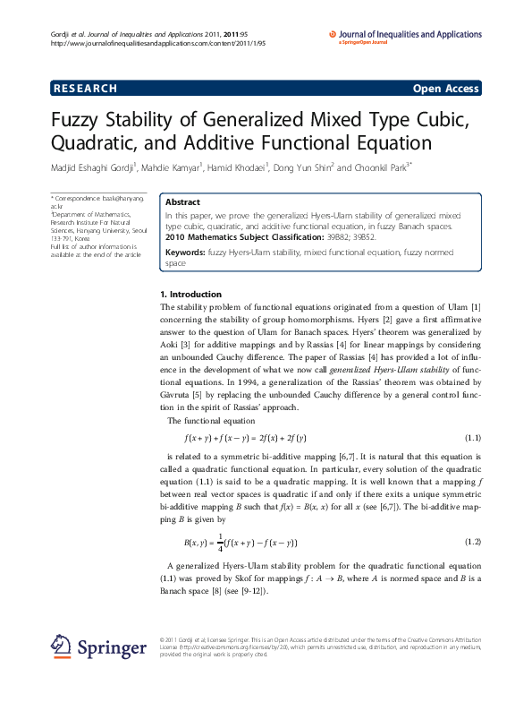 (PDF) Fuzzy Stability of Generalized Mixed Type Cubic, Quadratic, and Additive Functional Equation