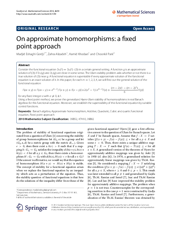 (PDF) On approximate homomorphisms: a fixed point approach