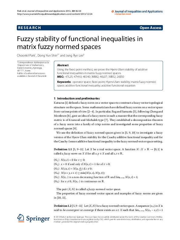 (PDF) Fuzzy stability of functional inequalities in matrix fuzzy normed spaces