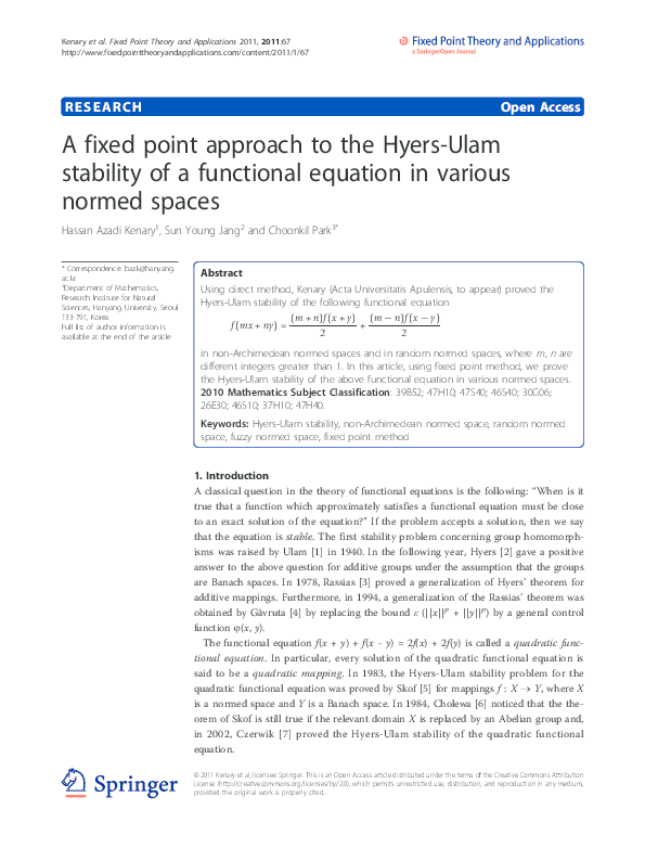 (PDF) A fixed point approach to the Hyers-Ulam stability of a functional equation in various ...