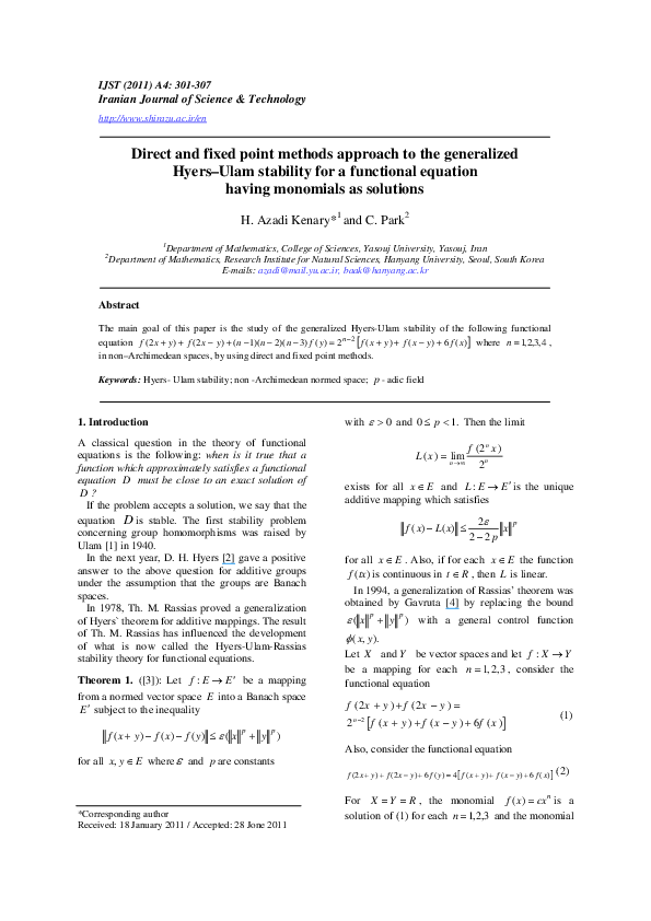 (PDF) Direct and fixed point methods approach to the generalizedHyers–Ulam stability for a ...