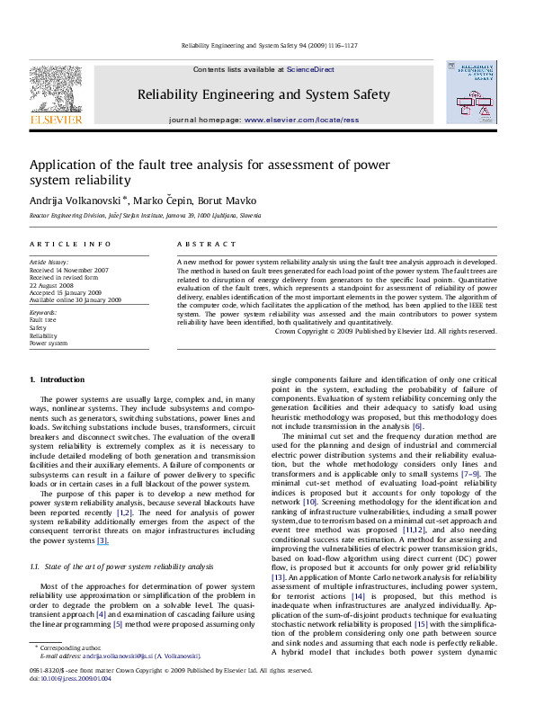 (PDF) Application of the fault tree analysis for assessment of power system reliability