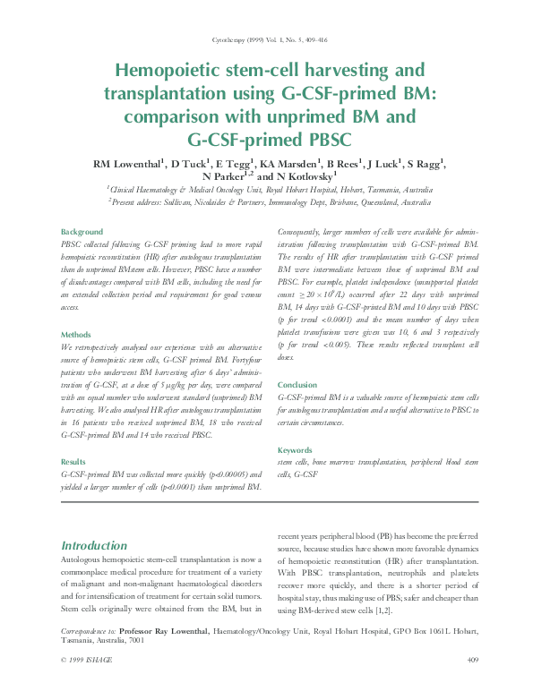 (PDF) Hemopoietic Stem-Cell Harvesting and Transplantation Using G-CSF ...