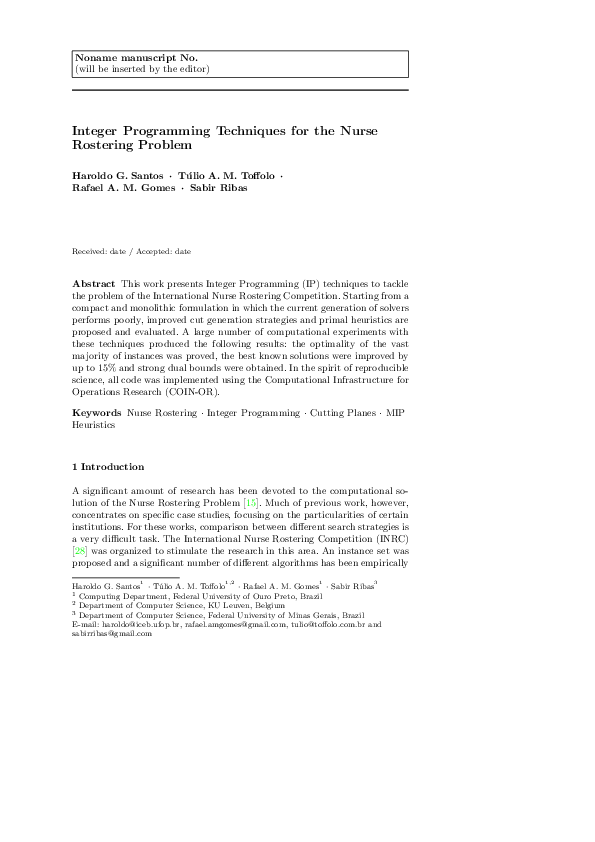 (PDF) Integer programming techniques for the nurse rostering problem (PDF) Integer programming techniques for the nurse rostering problem