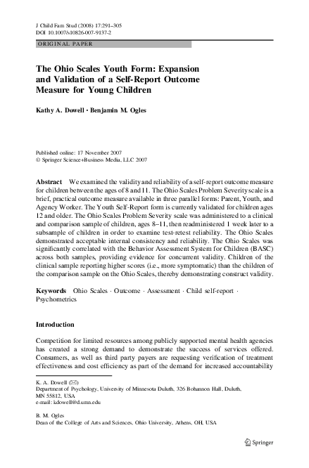 (PDF) The Ohio Scales Youth Form: Expansion and Validation of a Self ...
