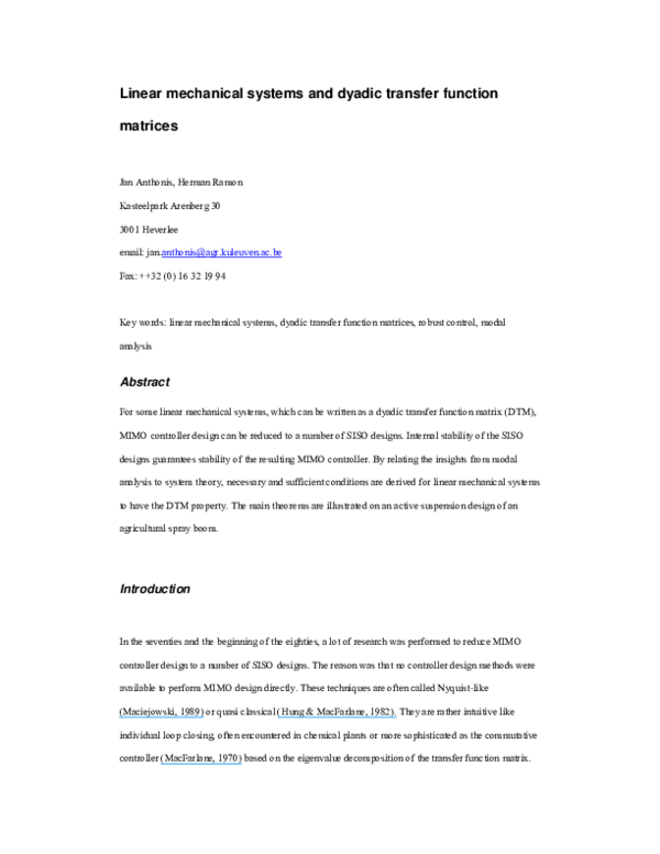 (PDF) Linear mechanical systems and dyadic transfer function matrices